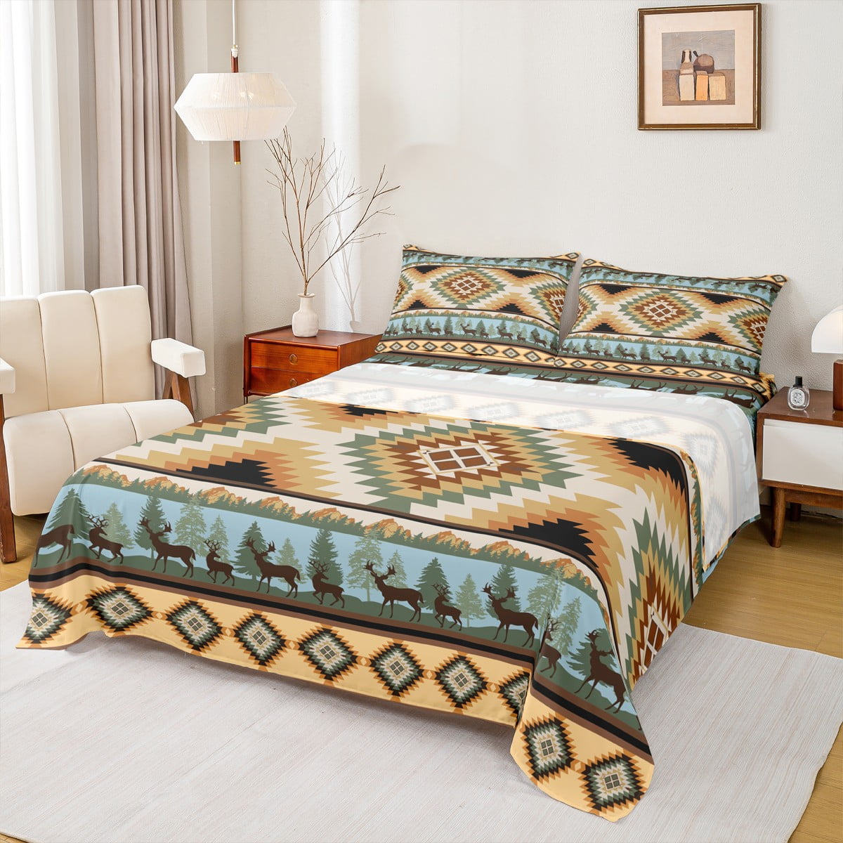 jejeloiu Retro Aztec Rhombus Bed Sheets,Rustic Farmhouse Tribal King ...