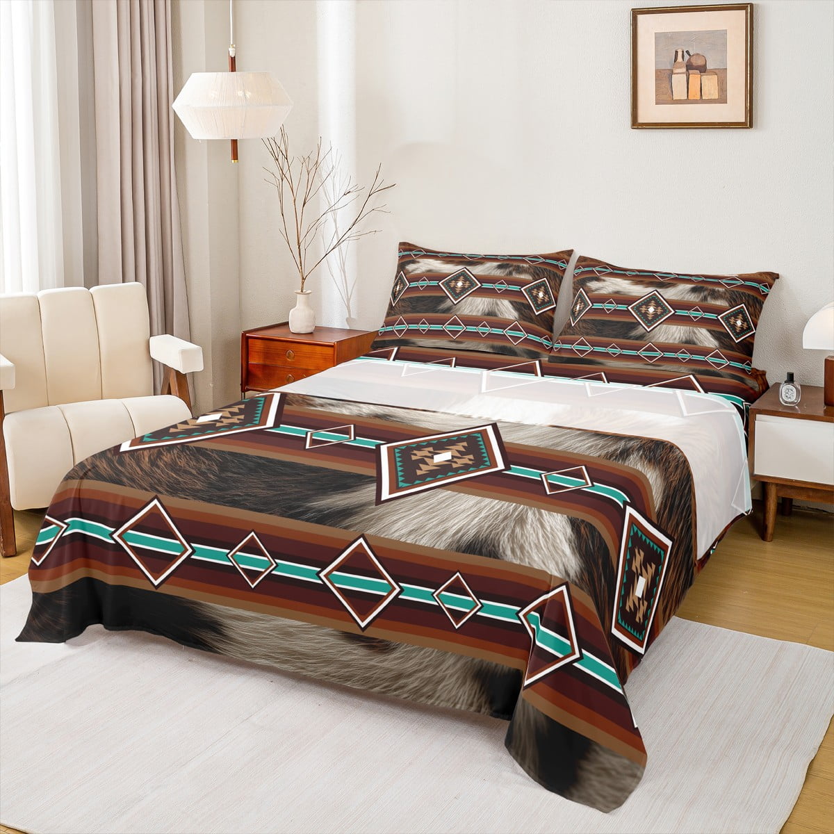 jejeloiu Retro Boho Aztec Bed Sheets,Rustic Farmhouse Cowhide King ...