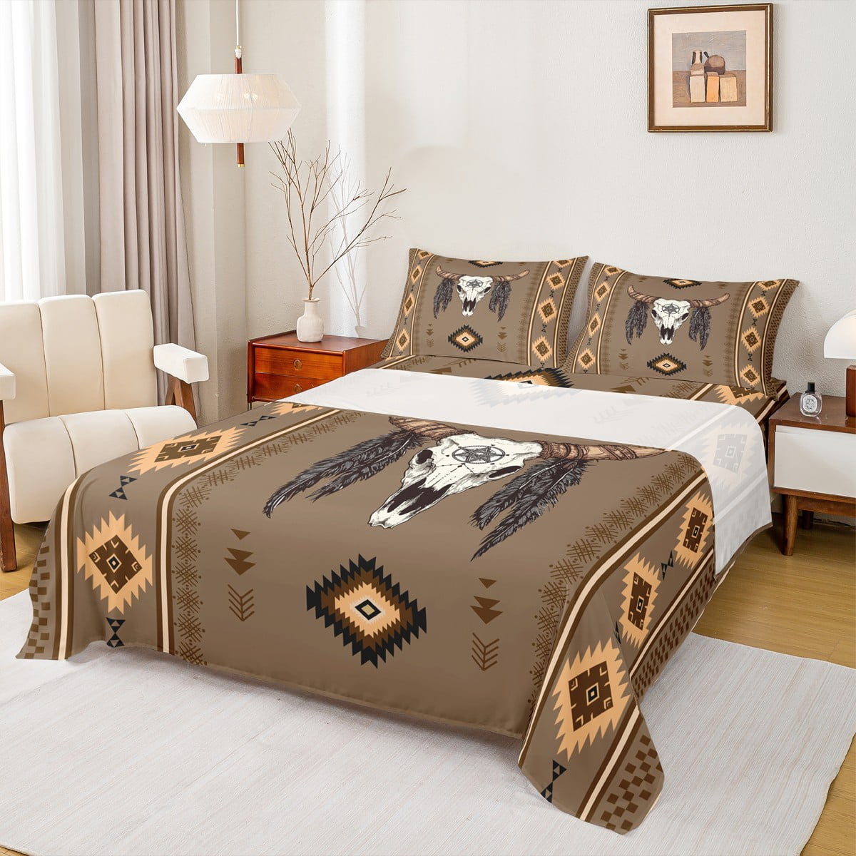 jejeloiu Retro Bull Skull Bed Sheets,Rustic Western Aztec King Sheets ...