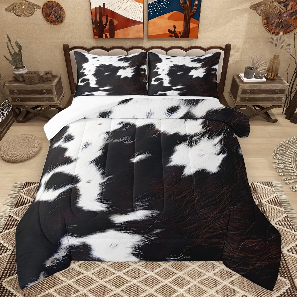 jejeloiu Retro Cattle Hide Full Size Comforter Sets,Farm Cow Print ...