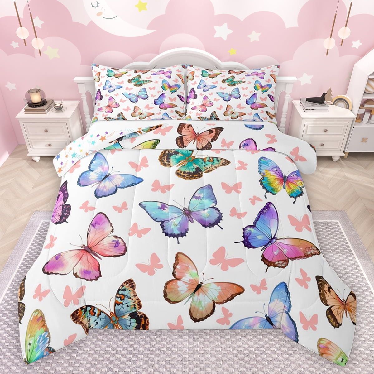 jejeloiu Retro Colorful Butterfly Bedding Comforter Set,Watercolor Wild ...