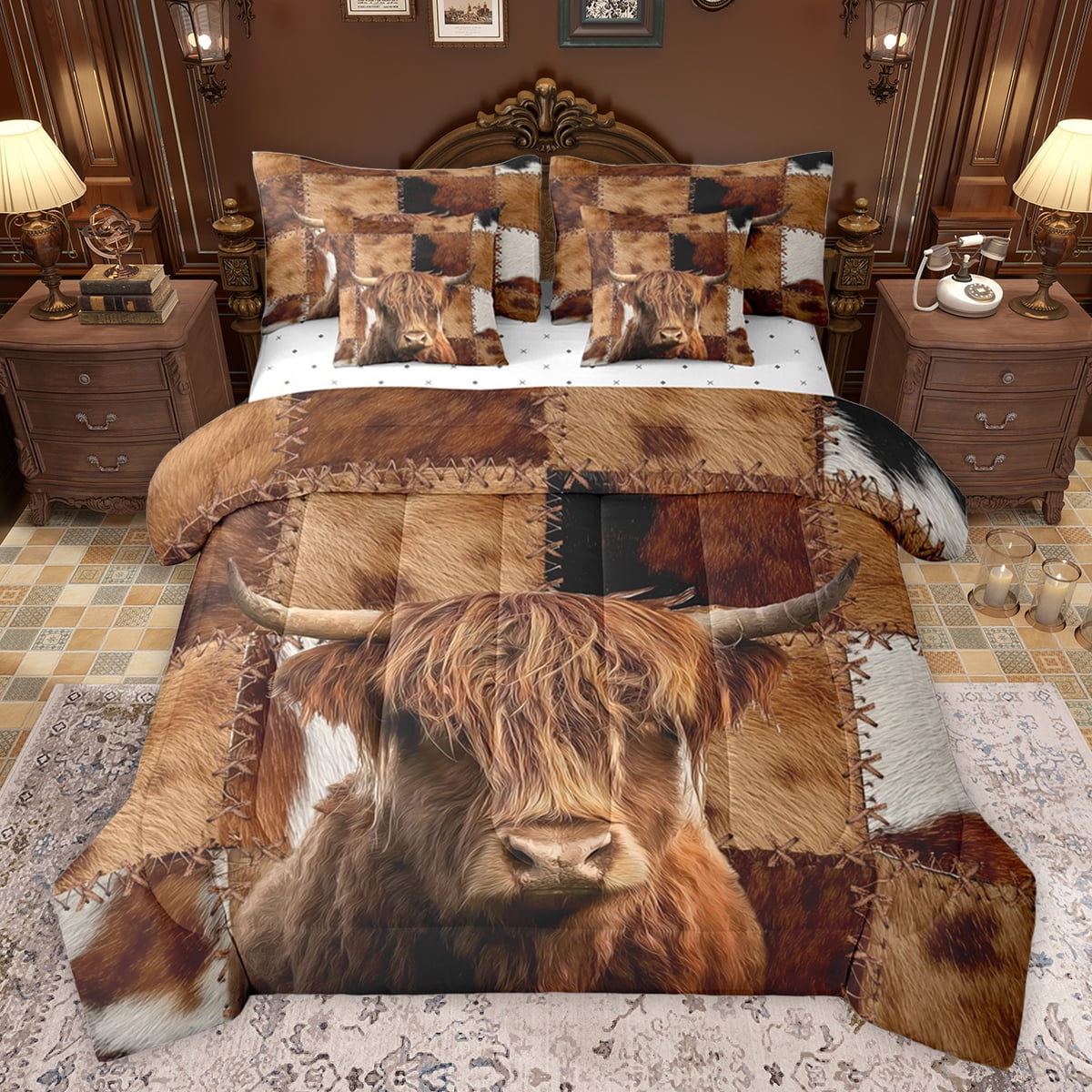 jejeloiu Retro Cowhide 7 Pieces Bedding Comforter Set,Brown Highland ...