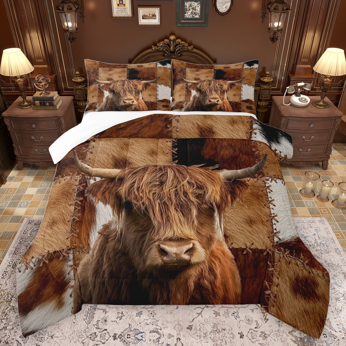 jejeloiu Retro Cowhide Full Size Comforter Sets,Brown Highland Cattle ...