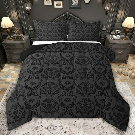 jejeloiu Retro Damask Print Queen Comforter Set,Black Bohemian Flowers ...