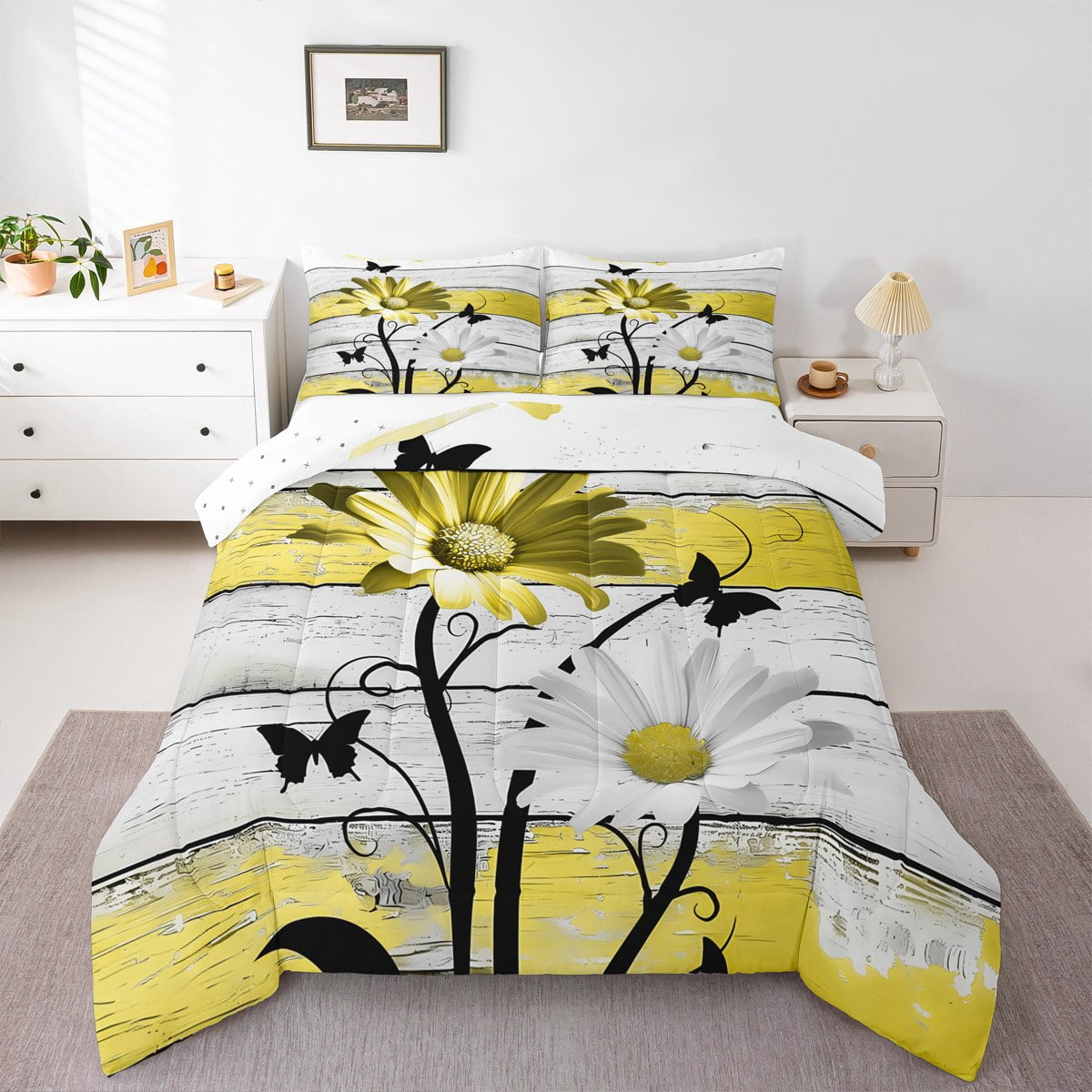 jejeloiu Retro Flower Daisy Bedding Comforter Set,Yellow Oil Painting ...
