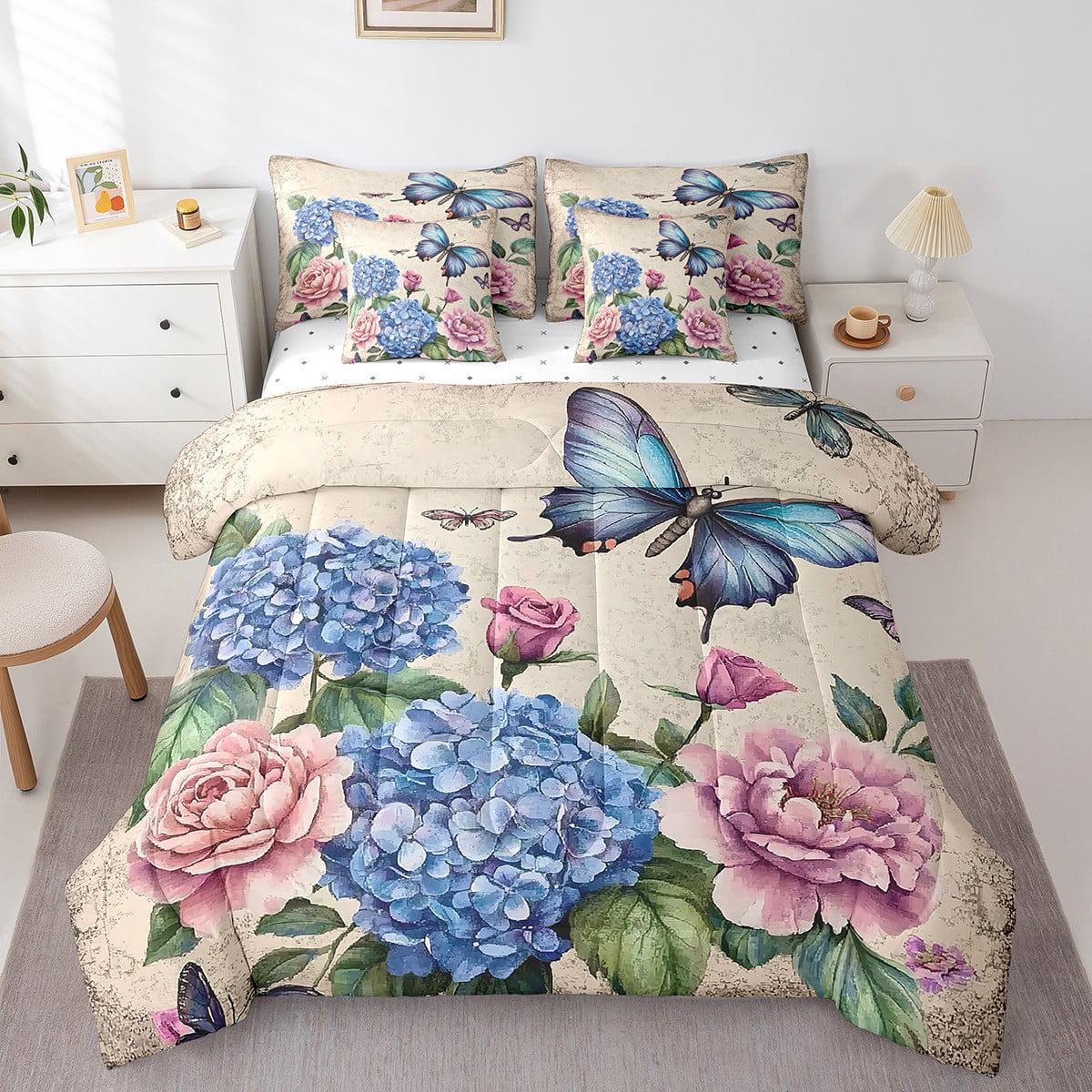 jejeloiu Retro Hydrangea Flower Bedding Comforter Set 7-Piece,Rustic ...
