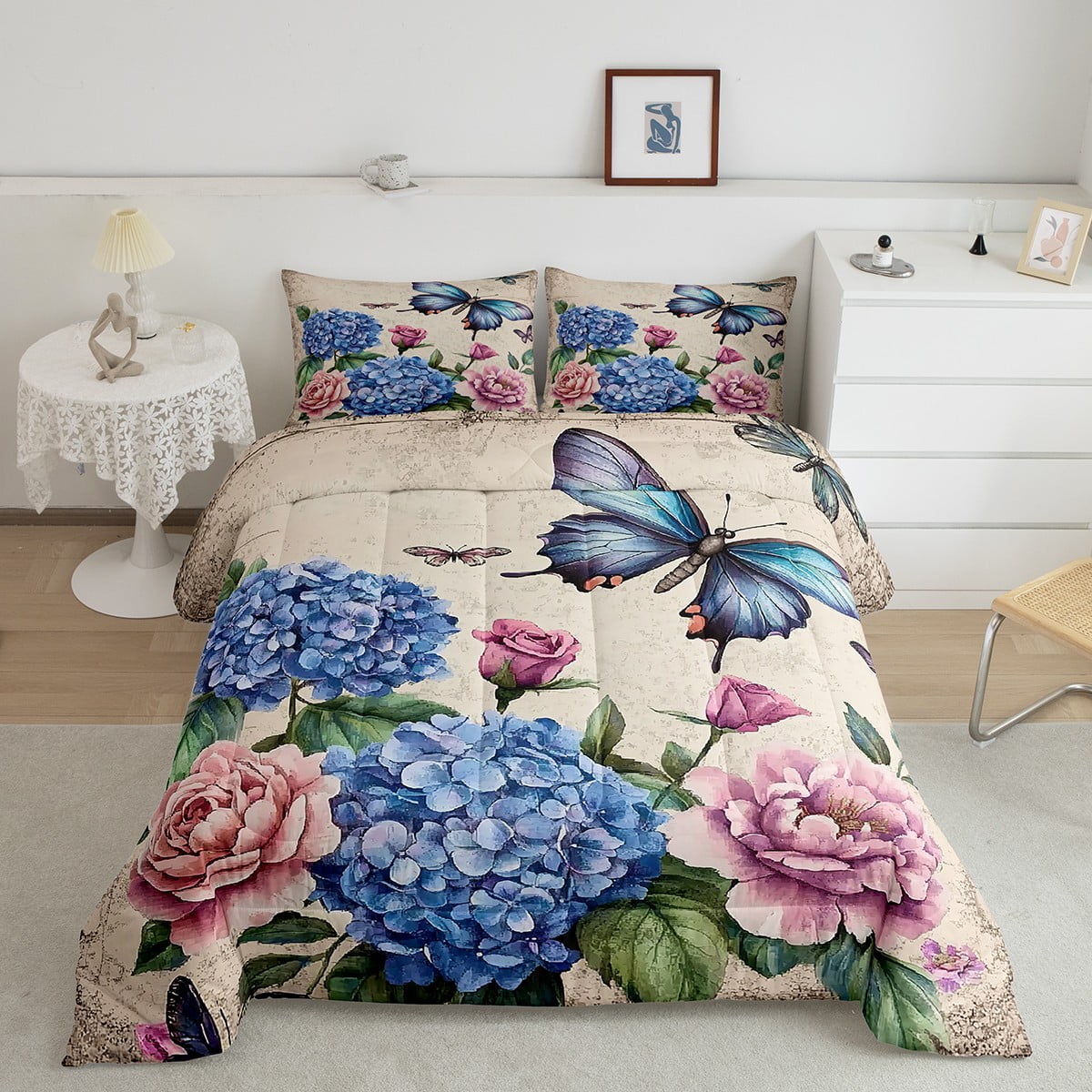 jejeloiu Retro Hydrangea Flower Full Size Comforter Sets,Rustic ...