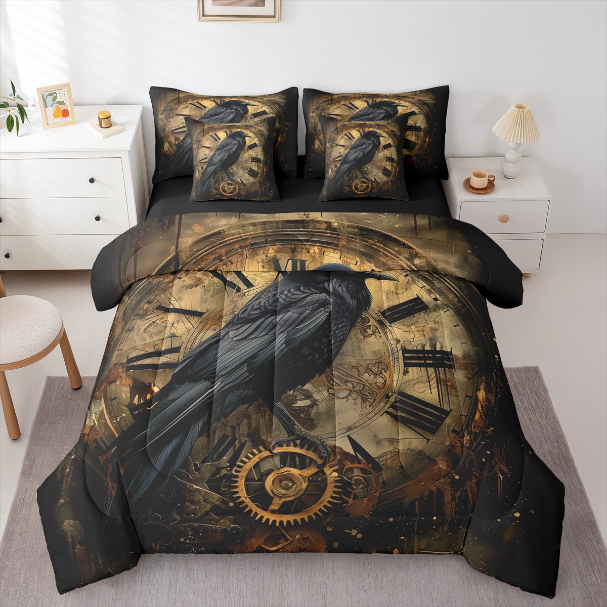 jejeloiu Retro Mechanical Clock Bedding Comforter Set 7-Piece,Dark ...