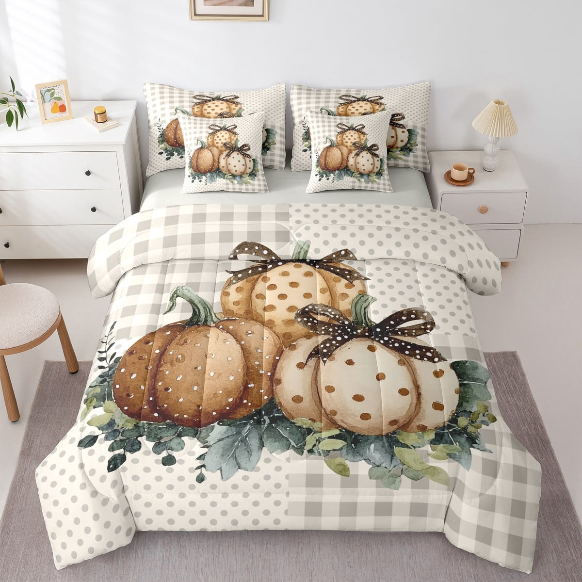 jejeloiu Retro Pumpkin Twin Bedding Sets 7-Piece,Geometric Dot Print ...