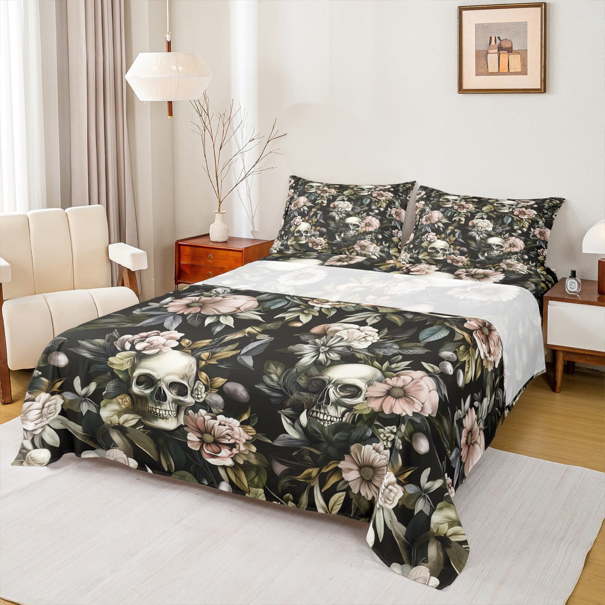 jejeloiu Retro Rustic Floral Bed Sheets,Spooky Skull Skeleton King ...