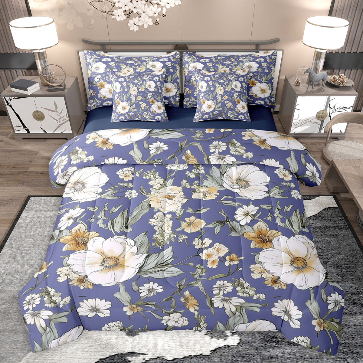 jejeloiu Retro Rustic Flower 7pcs Bedding Comforter Set,Natural Plant ...