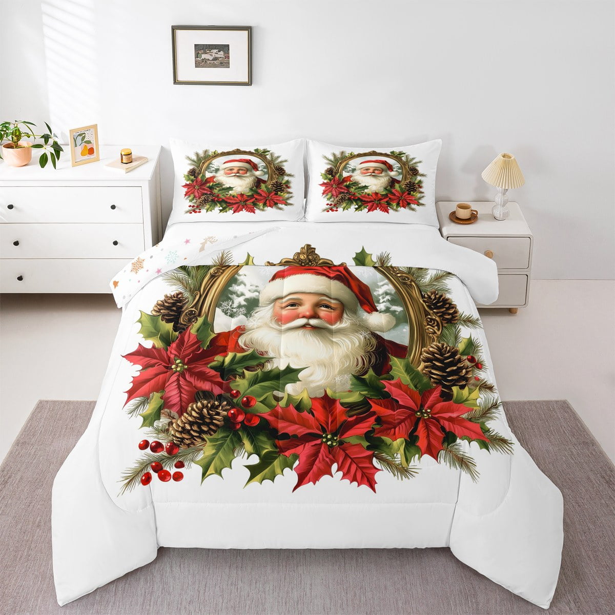 jejeloiu Retro Santa Claus Queen Comforter Set,Red Xmas Berry Bedding ...