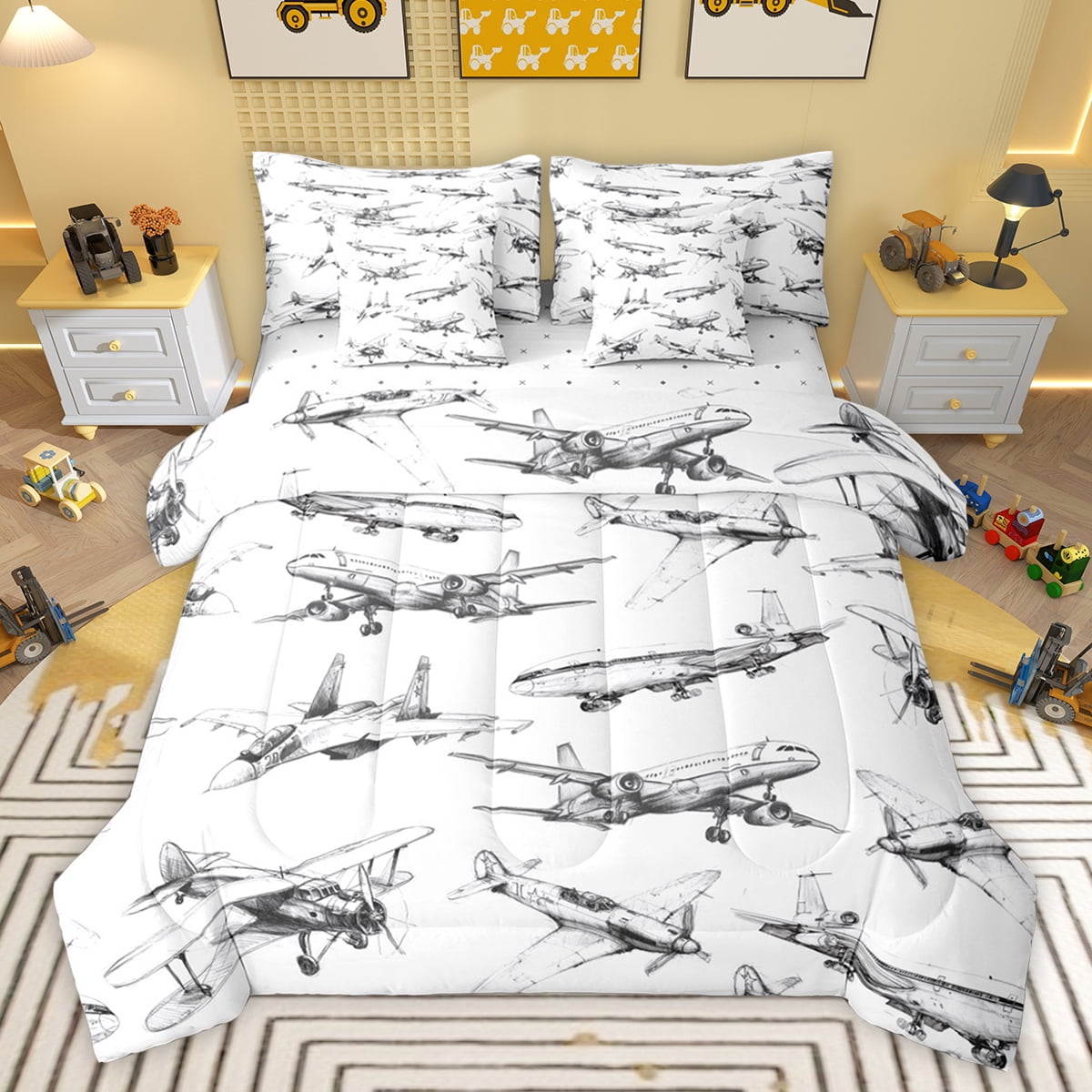 jejeloiu Retro Sketch Airplane 7-Piece Bedding Comforter Set,Vintage ...