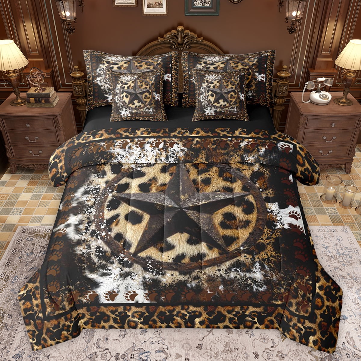 jejeloiu Retro Texas Stars 7pcs Bedding Comforter Set,Vintage Leopard ...