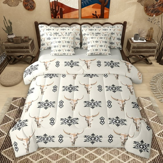 jejeloiu Retro Western Aztec 7-Piece Bedding Comforter Set,Farm Bull ...