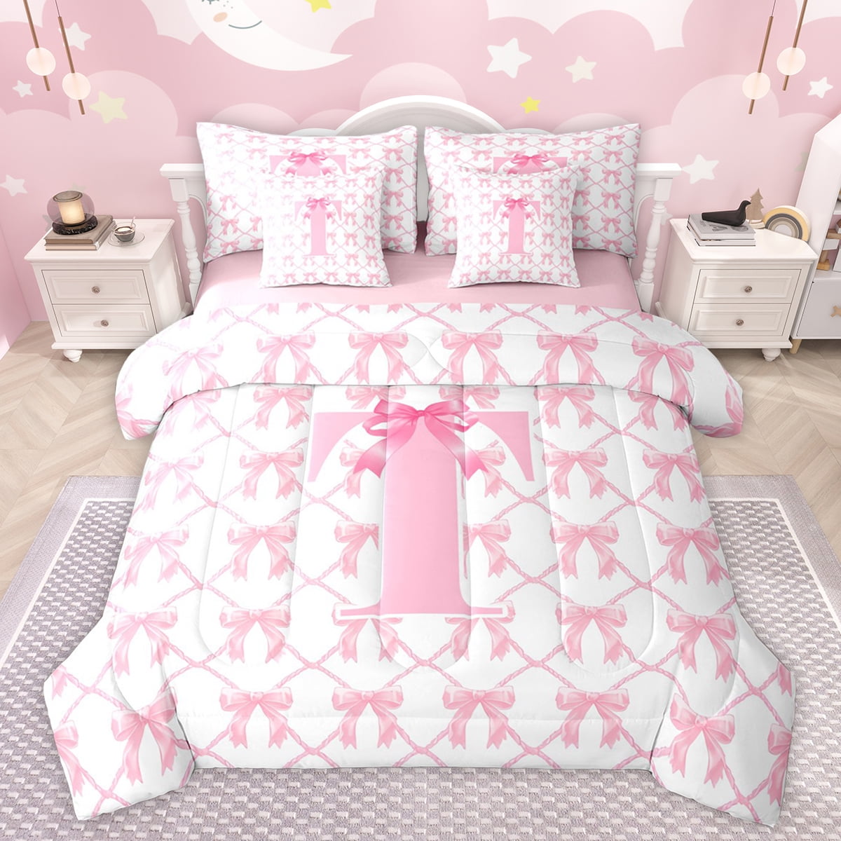 jejeloiu Ribbon Bowtie Bow 7-Piece Twin Bedding Sets,Chic Pink Bowknot ...