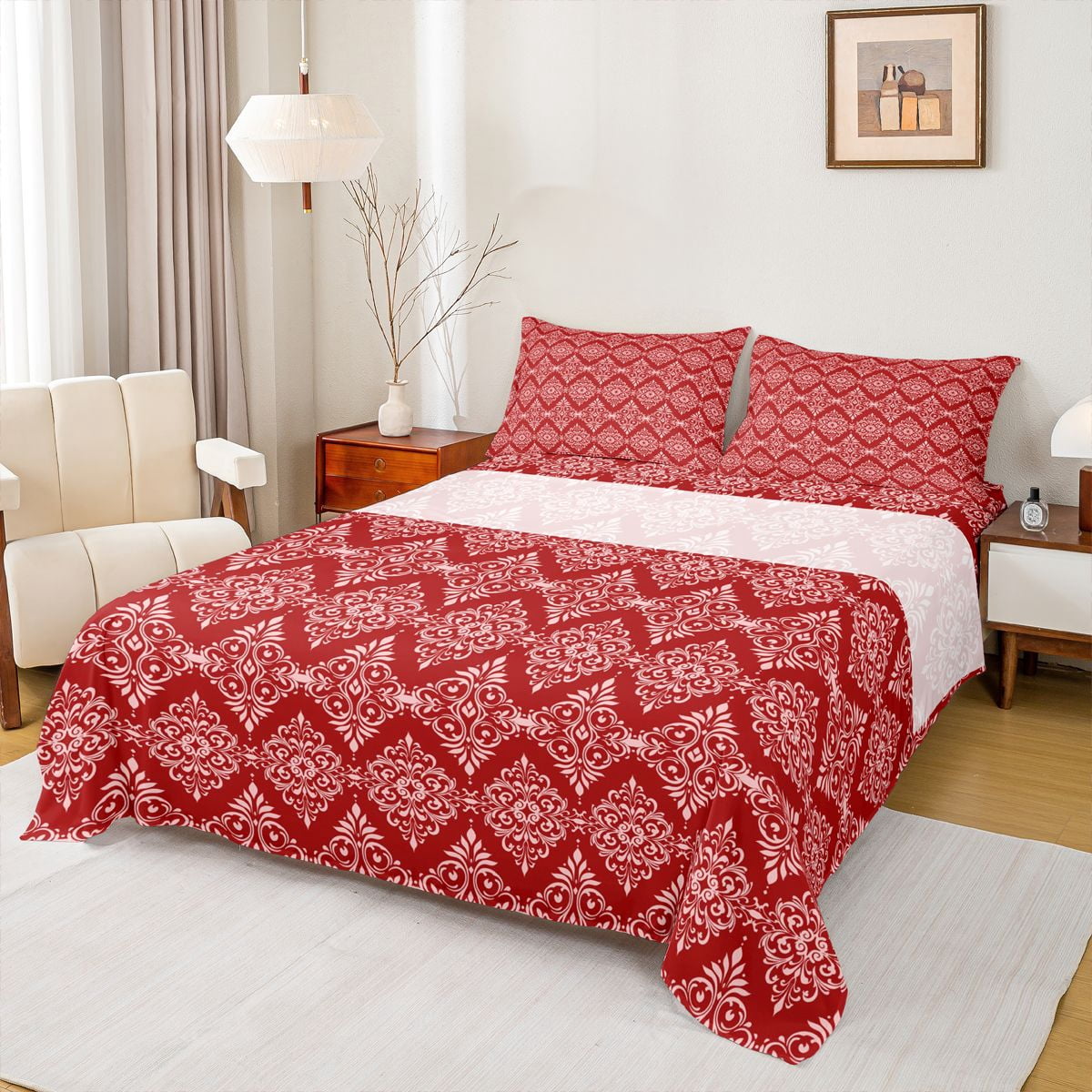 jejeloiu Rich Damask King Sheets,Exotic Print Bedding For Adults,Red ...