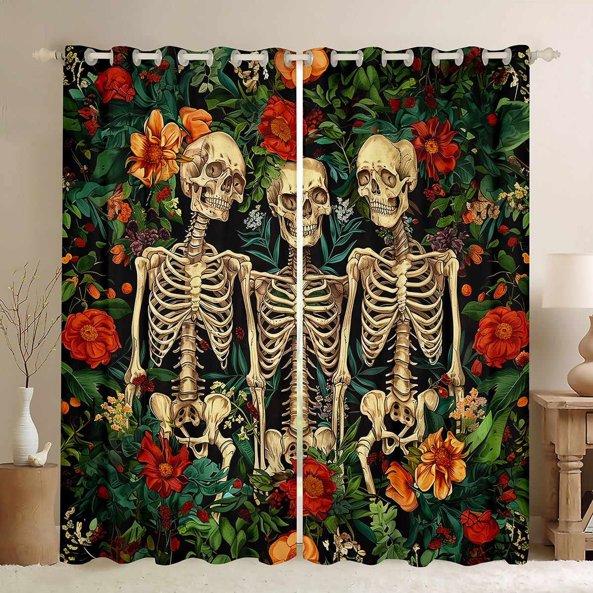 jejeloiu Romantic Halloween Skull Blackout Curtains,Gothic Skeleton ...