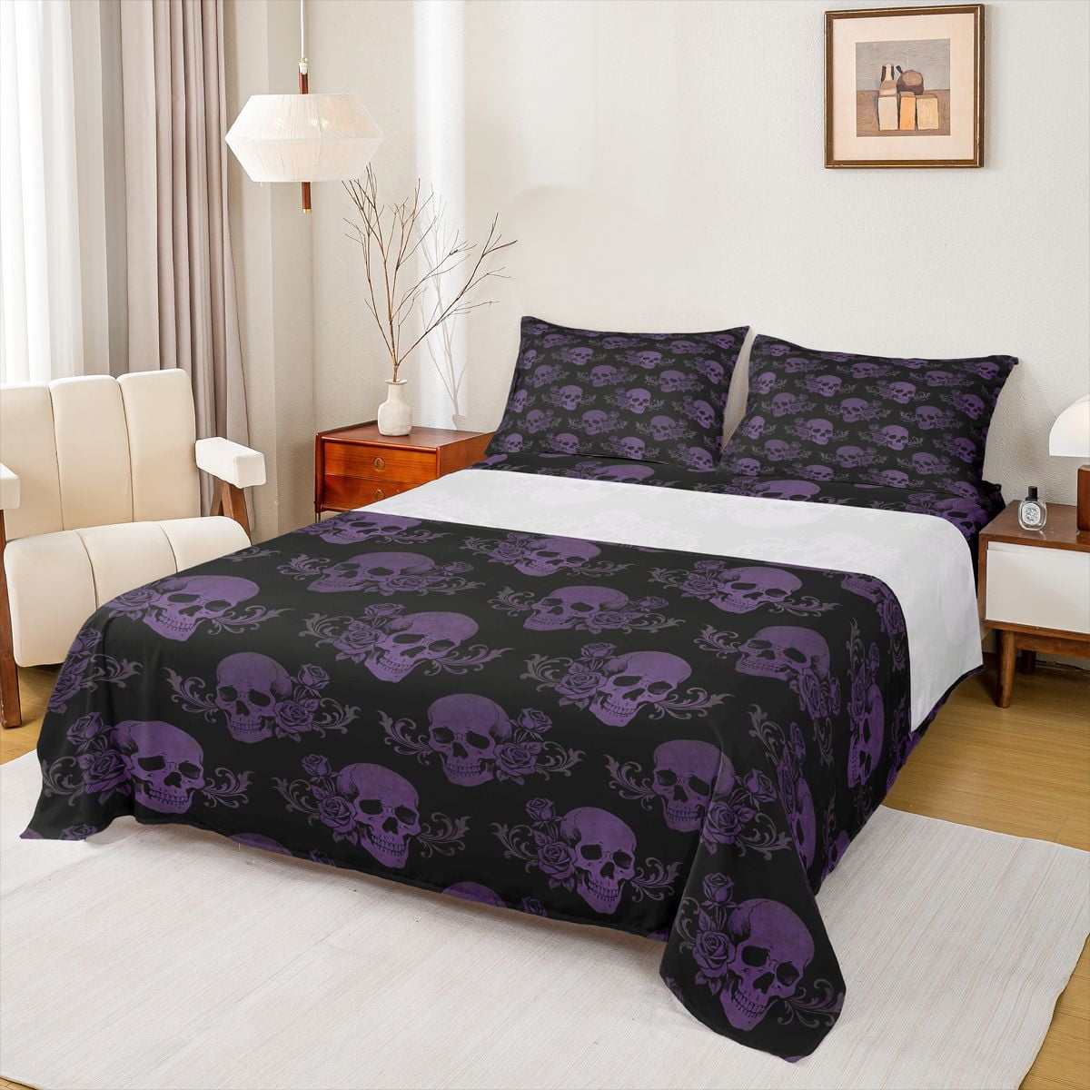 jejeloiu Romantic Rose Floral Bed Sheets,Purple Sugar Skull King Sheets ...