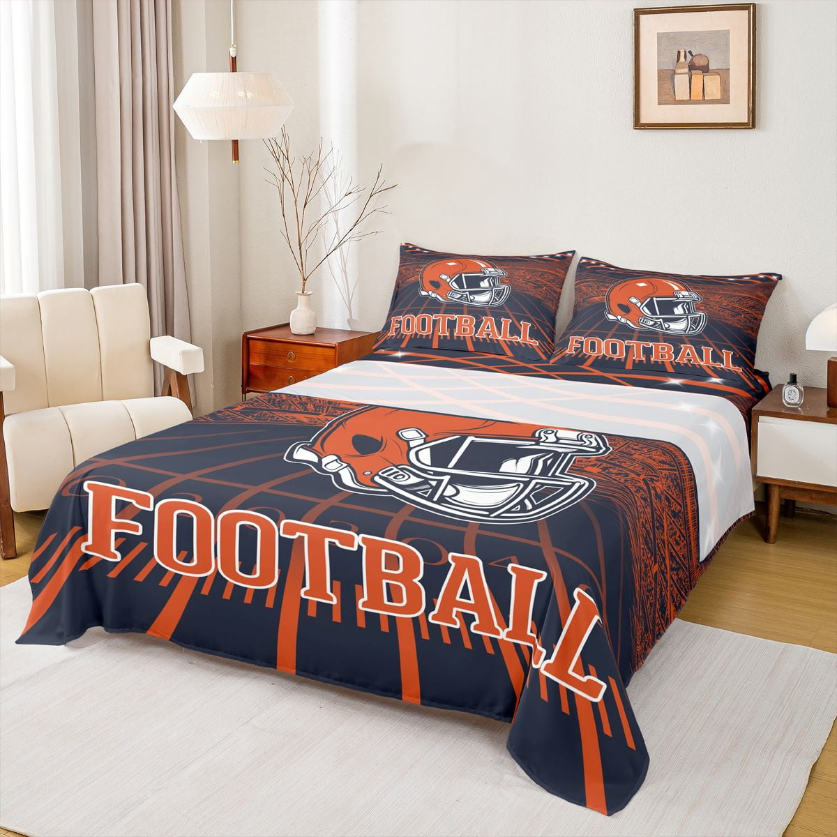 jejeloiu Ruby Football Sport Queen Sheet Sets,Orange Black Bed Set For ...