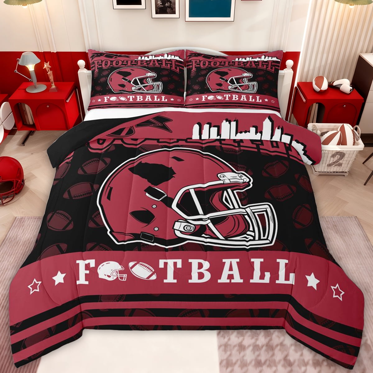 jejeloiu Rugby Ball City Queen Comforter Set,Red Football Helmet ...