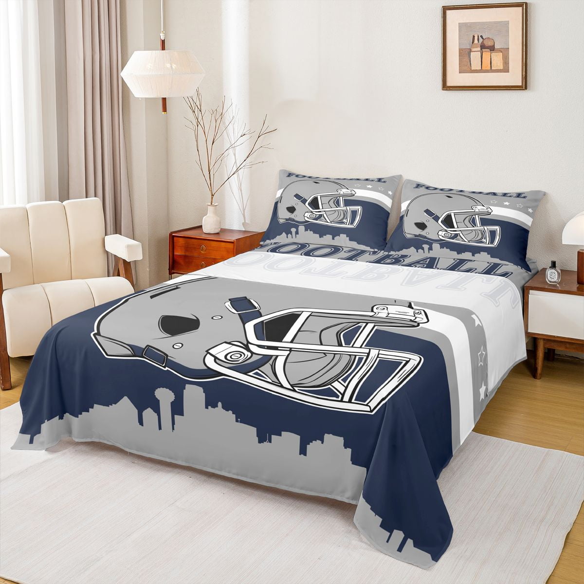 jejeloiu Rugby Ball Helmet Full Size Sheets,Gray Deepblue Bed Sheets ...