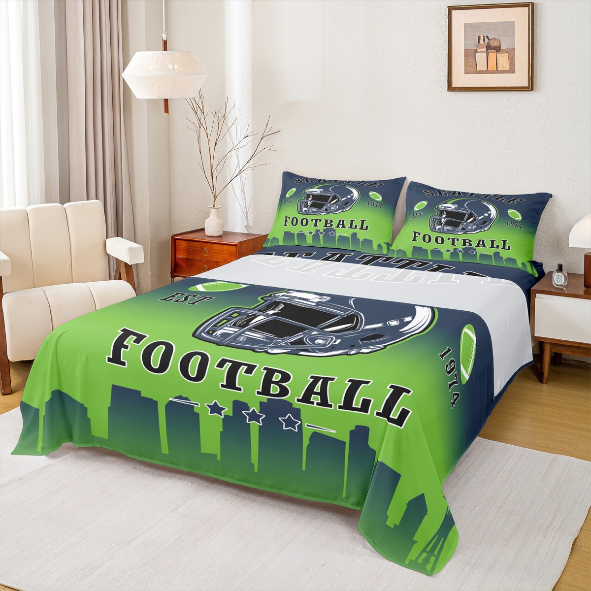jejeloiu Rugby City Silhouette Bed Sheets,Sports Theme King Sheets ...