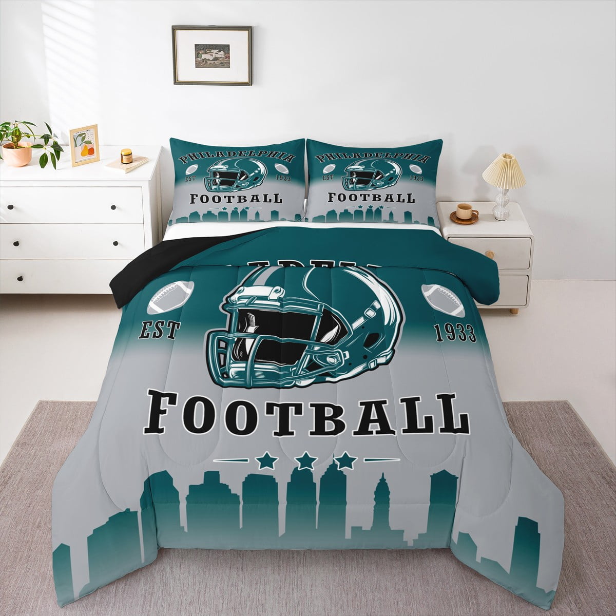 jejeloiu Rugby City Silhouette Queen Comforter Set,Sports Theme Bedding ...