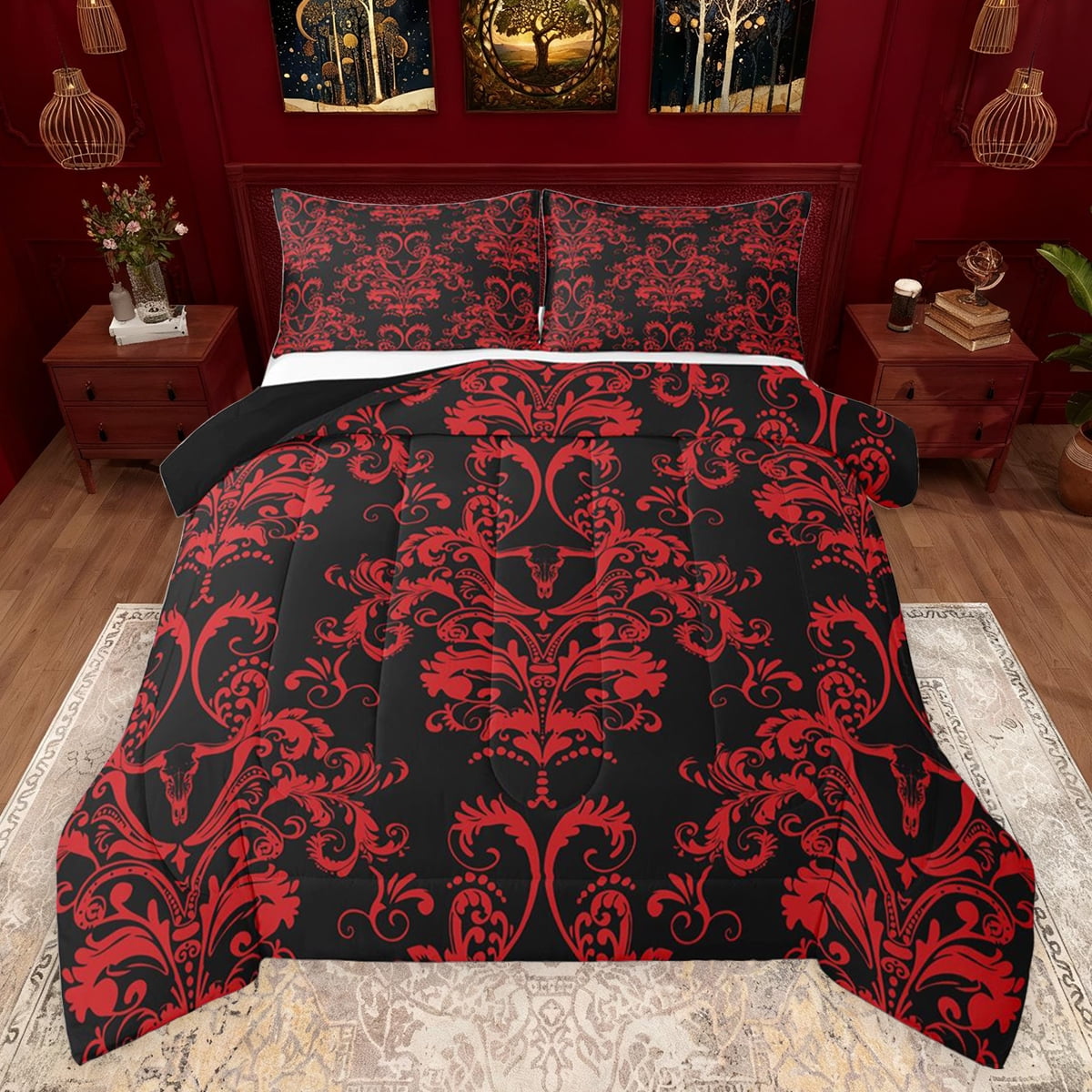 jejeloiu Rustic Bull Skull Full Comforter Set Bohemian Red Victorian ...