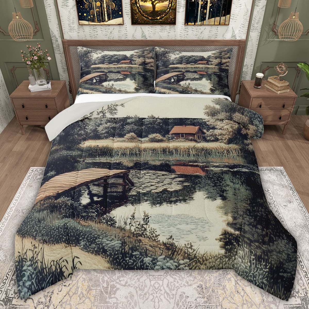 jejeloiu Rustic Cabin Queen Comforter Set,Natural Scenery Bedding ...