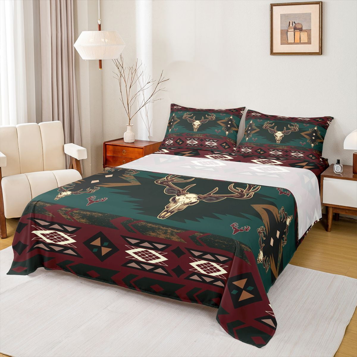 jejeloiu Rustic Cow Skull Bed Sheets,Rhombus Triangle Geometric King ...