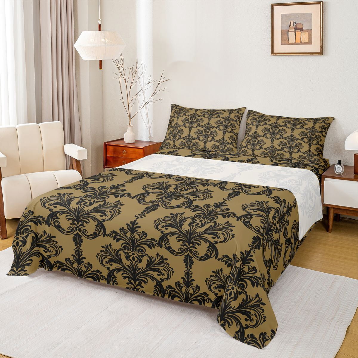 jejeloiu Rustic Damask King Sheets,Retro Print Bedding For Adults,Black ...