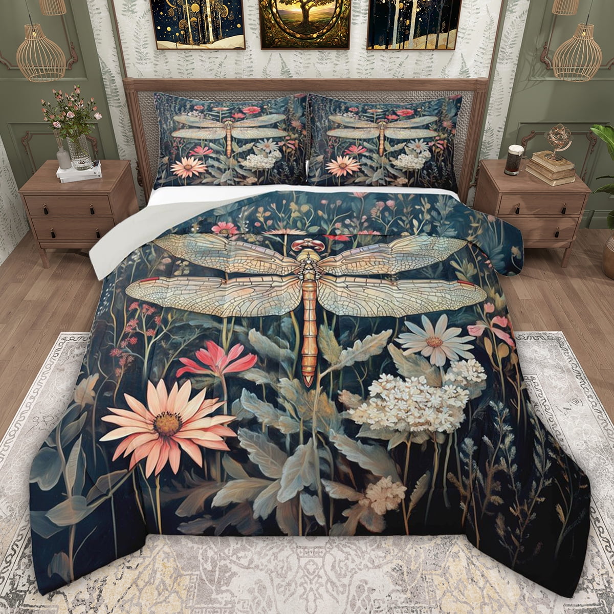 jejeloiu Rustic Dragonfly Queen Comforter Set,Kawaii Daisy Bedding ...