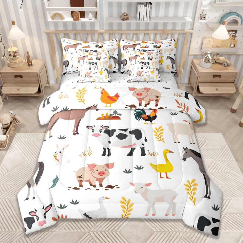 jejeloiu Rustic Farmhouse Animal Bedding Comforter Set 7-Piece,Pig Cow ...