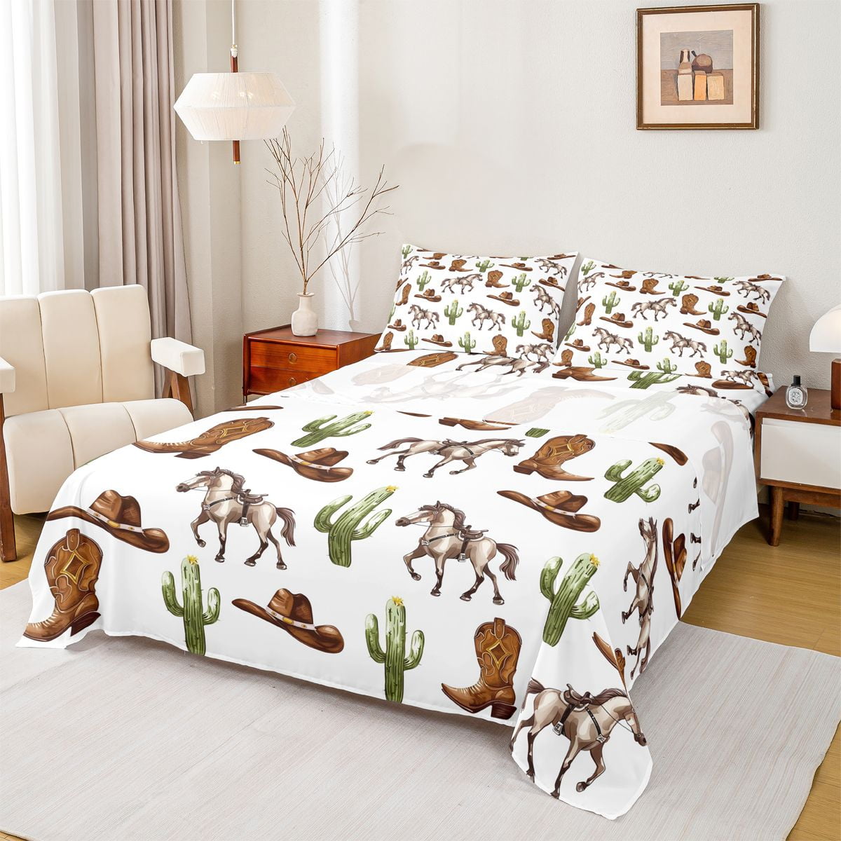 jejeloiu Rustic Farmhouse Horse Full Size Sheets,Green Cactus Cowboy ...