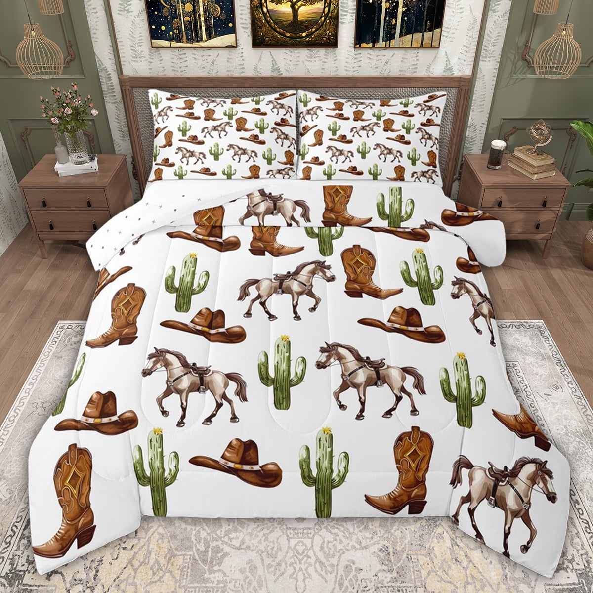 jejeloiu Rustic Farmhouse Horse Queen Comforter Set,Green Cactus Cowboy ...
