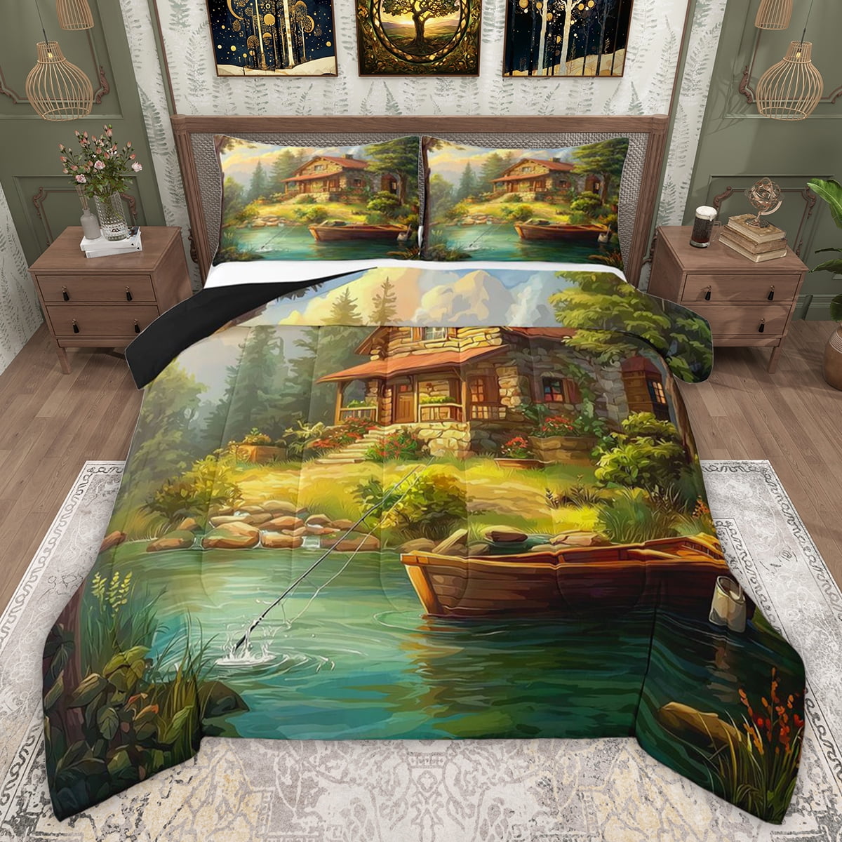 jejeloiu Rustic Farmhouse Hunting Queen Comforter Set,Fishing Hook ...