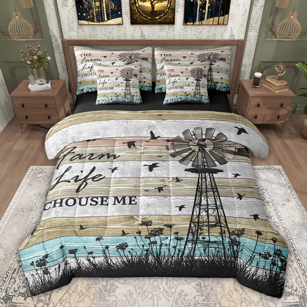 jejeloiu Rustic Farmhouse Windmill 7-Piece Twin Bedding Sets,Old Wooden ...