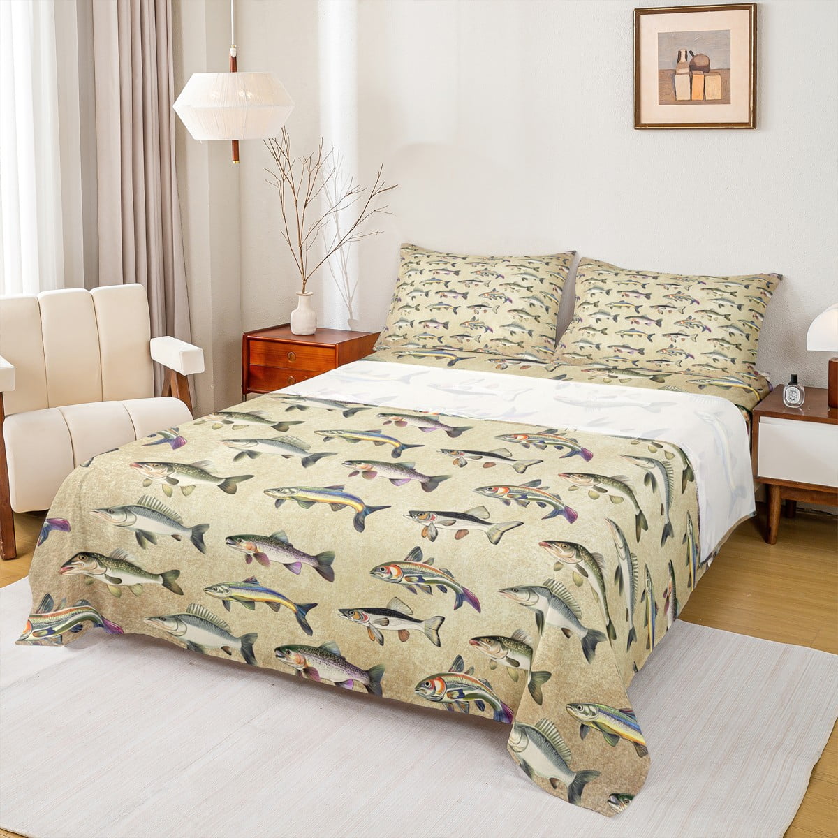 jejeloiu Rustic Fishing Twin Sheet Sets,Bass Pike Fish Twin Fitted ...