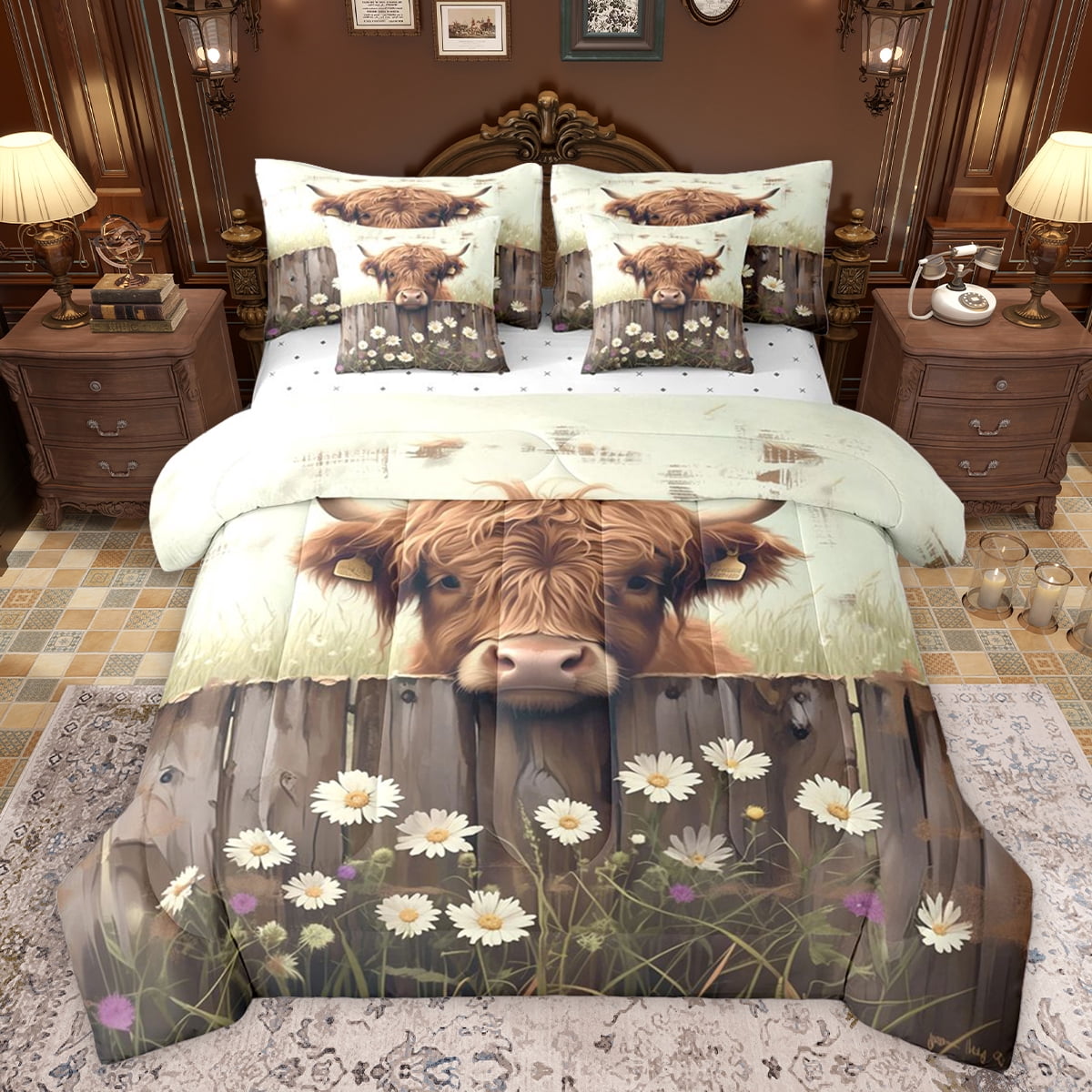 jejeloiu Rustic Highland Cow 7-Piece Twin Bedding Sets,Rustic Floral ...
