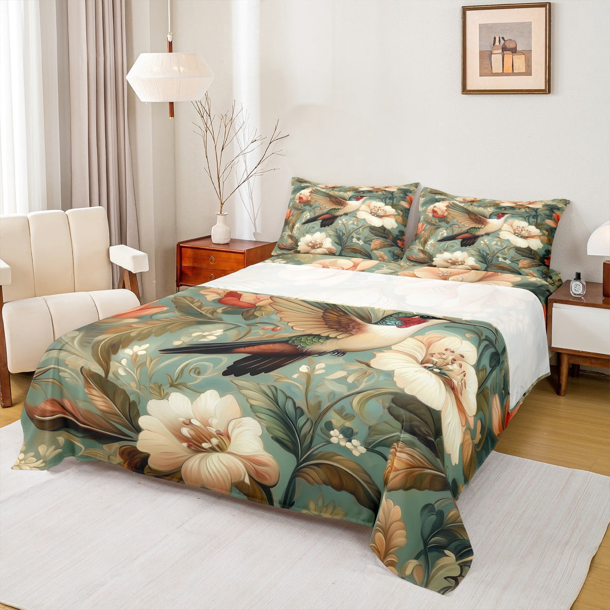 jejeloiu Rustic Hummingbird Queen Sheet Sets,Modern Aesthetic Art Flat ...
