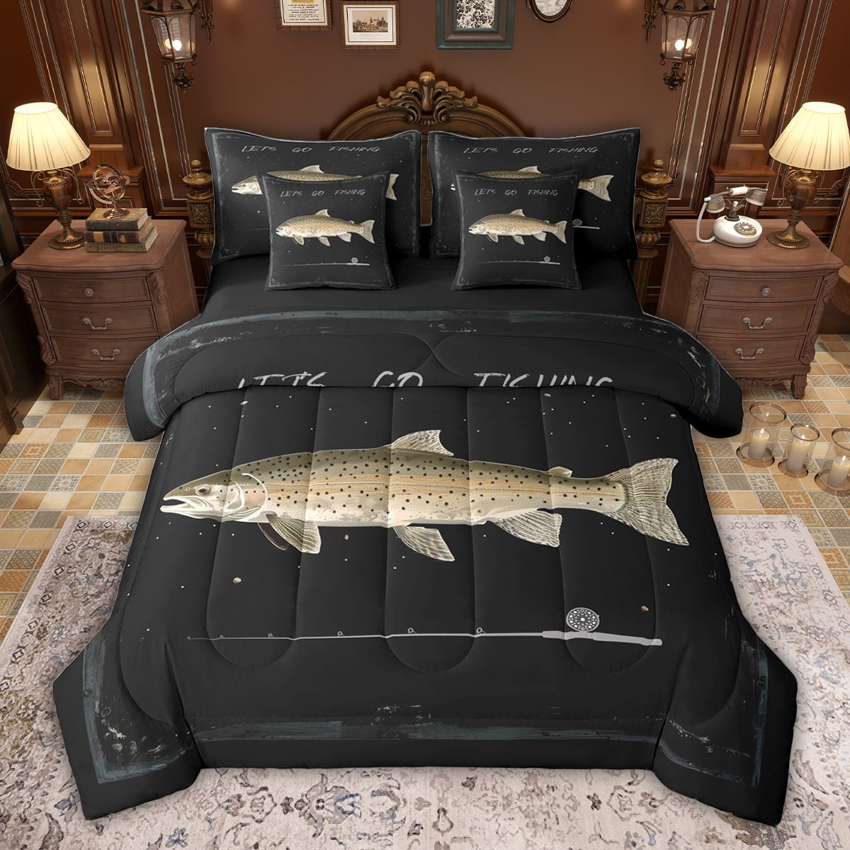 jejeloiu Rustic Hunting 7-Piece Bedding Comforter Set,Big Bass Fish ...