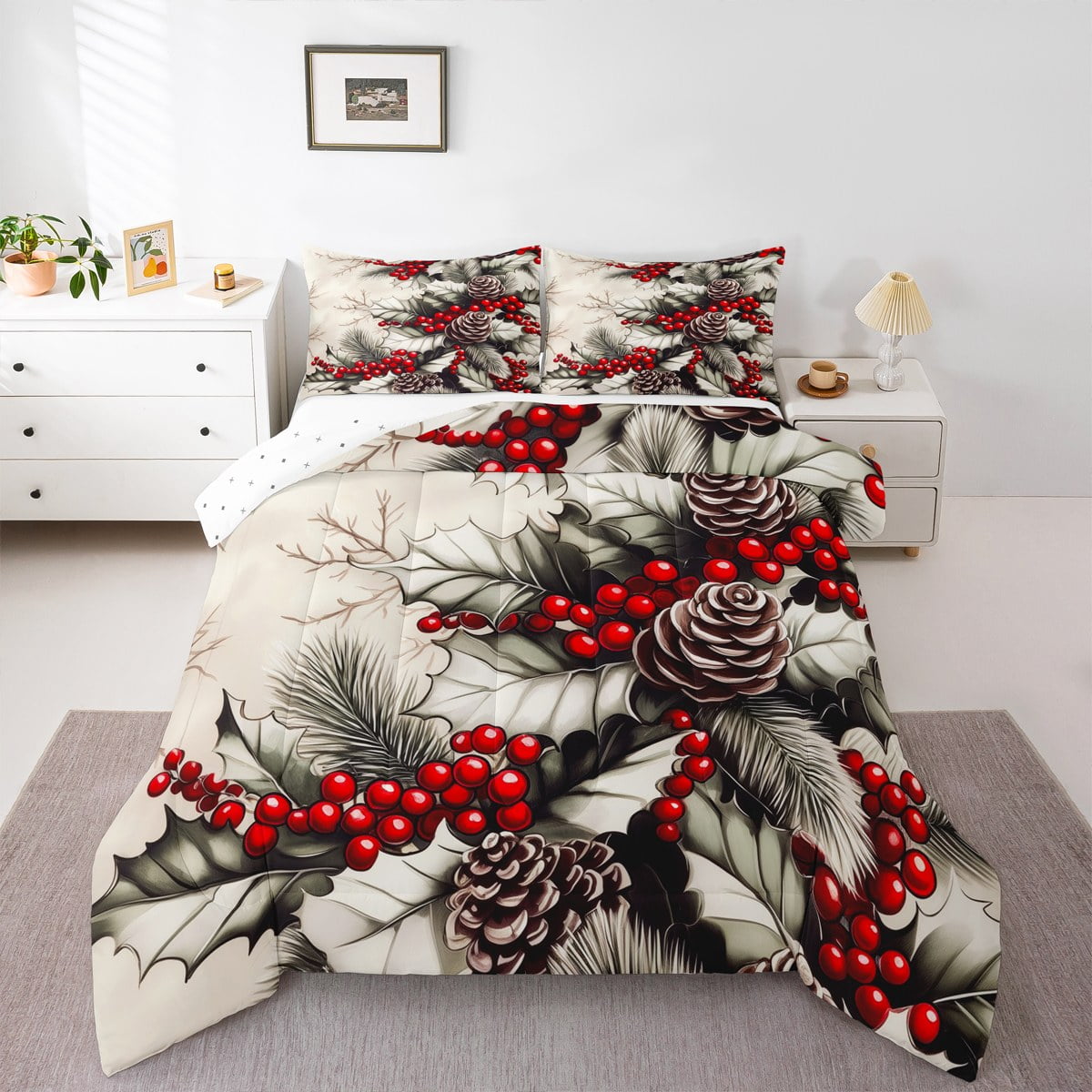 jejeloiu Rustic Pine Cone Bedding Comforter Set,Christmas Red Berry ...