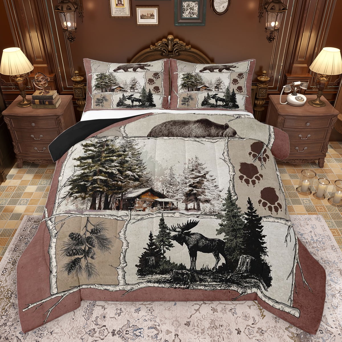 jejeloiu Rustic Pine Tree Bedding Comforter Set,Wildlife Moose Animal ...