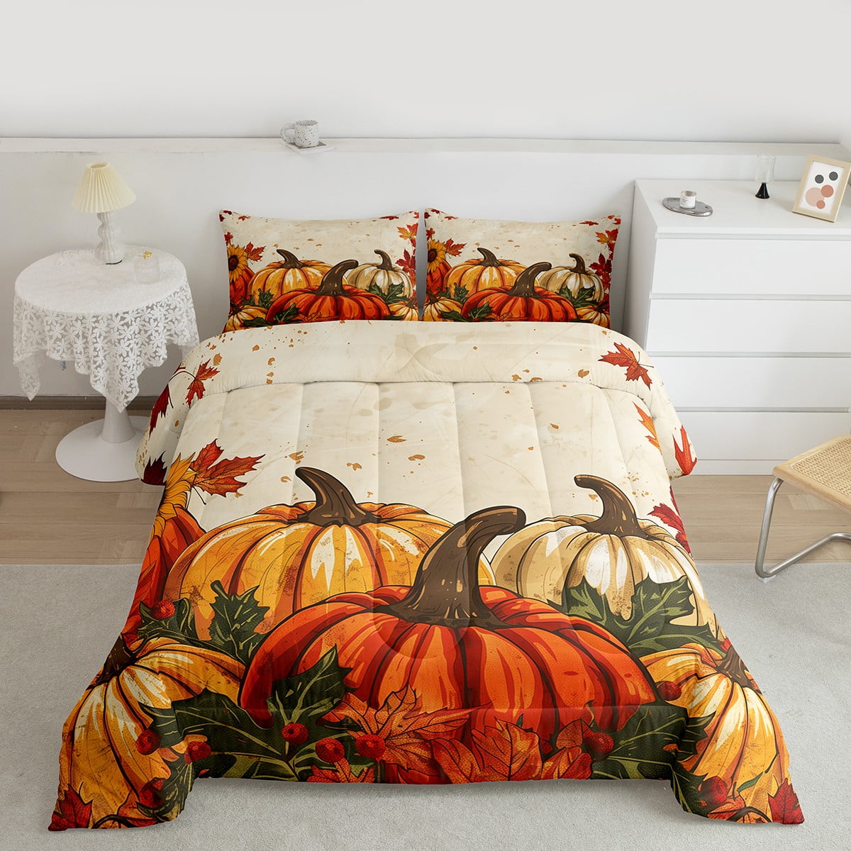 jejeloiu Rustic Pumpkin Queen Comforter Set,Autumn Maples Leaves ...