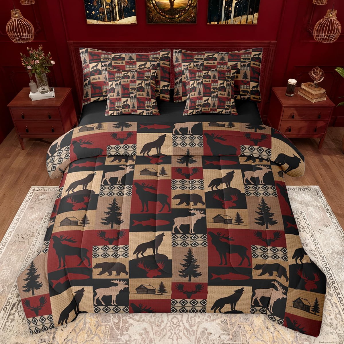 jejeloiu Rustic Wesetrn Aztec 7pcs Bedding Comforter Set,Jungle Moose ...