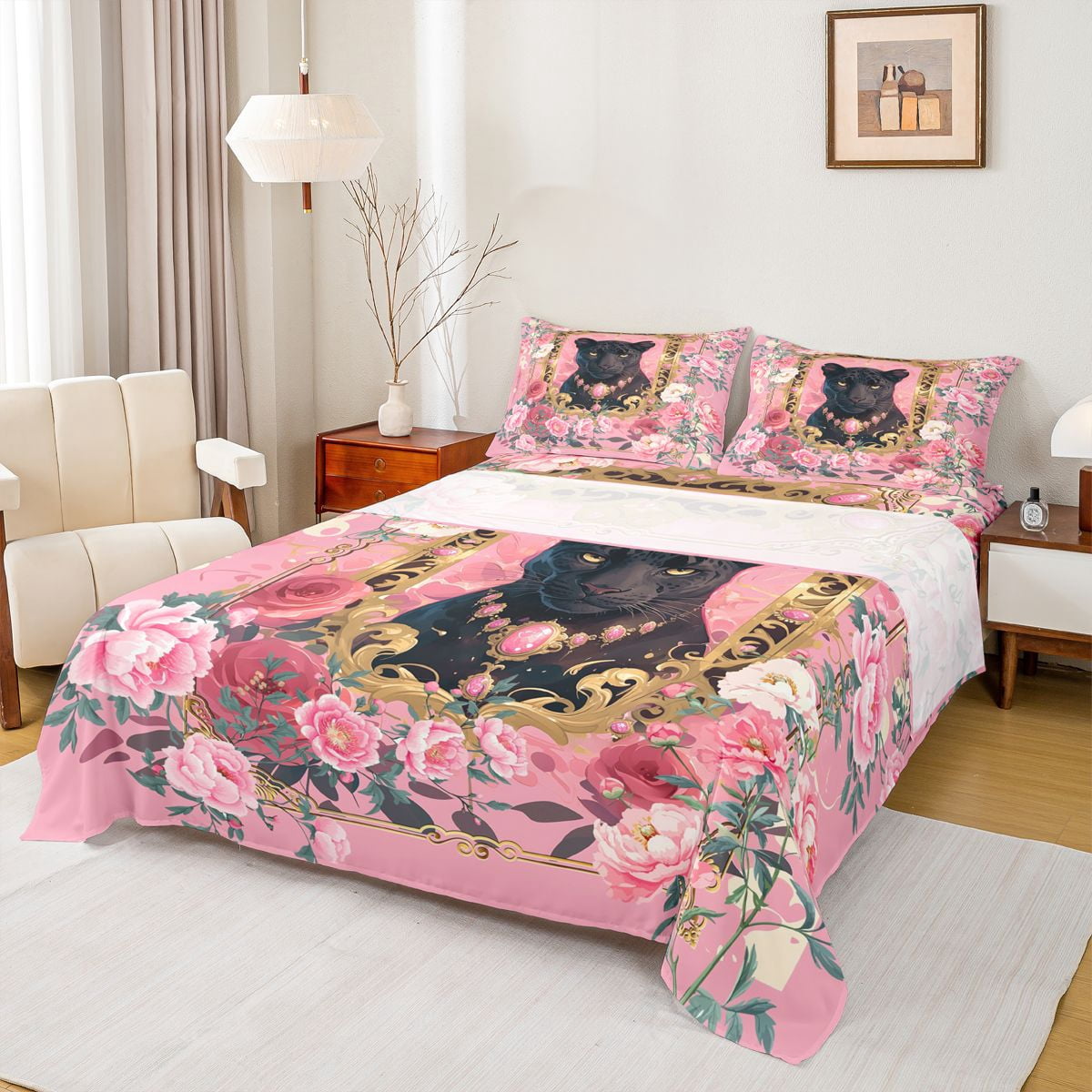 jejeloiu Safari Animal Cheetah Bed Sheets,Cute Flower King Sheets,Pink ...