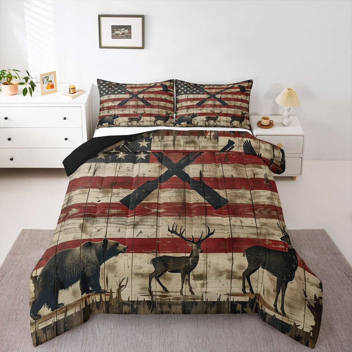 jejeloiu Safari Baer Deer Queen Comforter Set,Woodland Animal Bedding ...