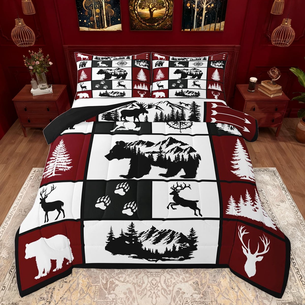jejeloiu Safari Bear Deer Queen Comforter Set,Rustic Farmhouse Hunting ...