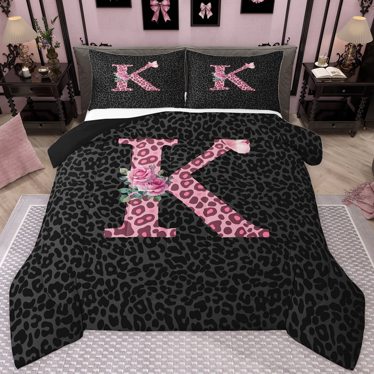 jejeloiu Safari Leopard Pattern Queen Comforter Set,Pink Letter K ...